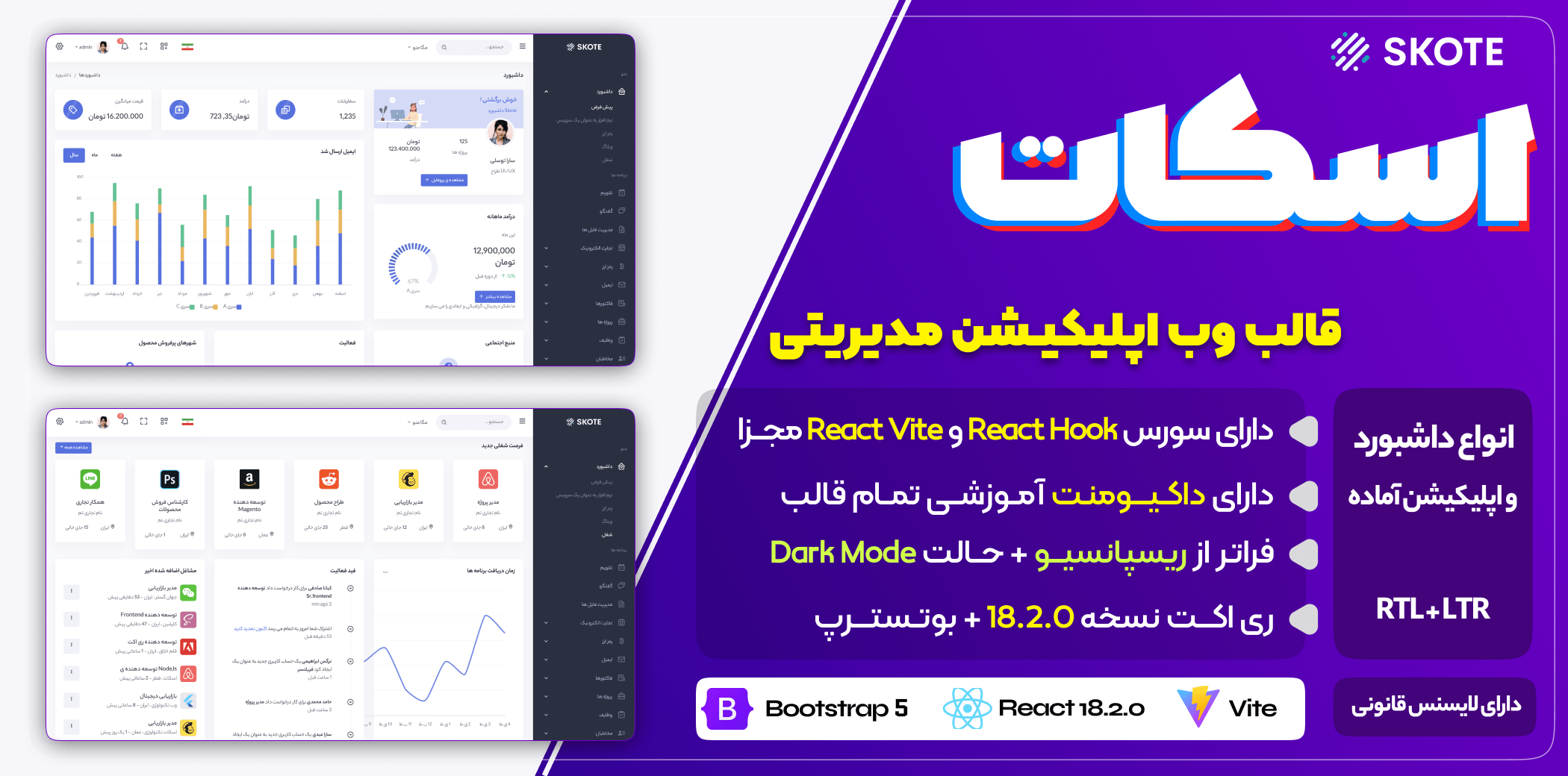قالب داشبورد مدیریت Skote React js - راست چین